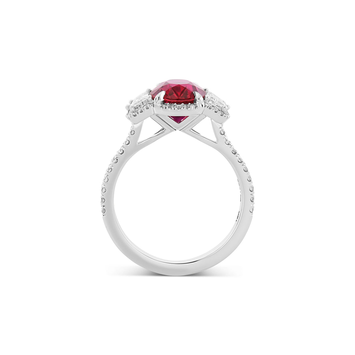Oval Ruby Three-stone Halo Ring | LEIBISH